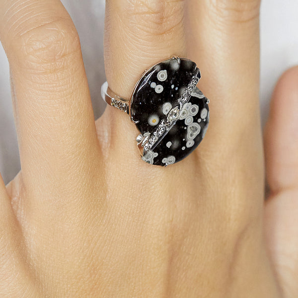 Galaxy Rare cosmic obsidian half moon diamond ring - xiao wang jewelry