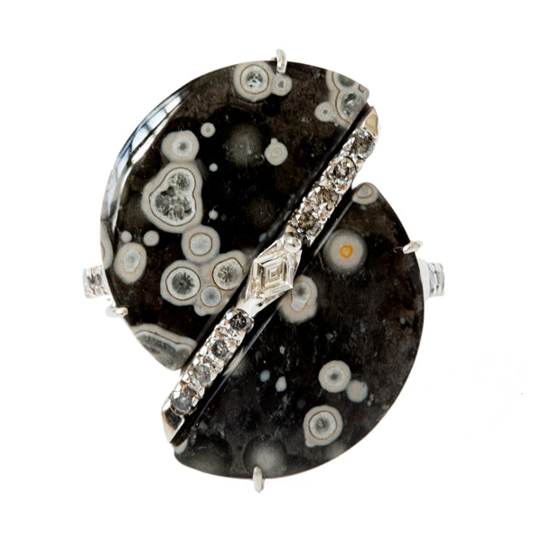 Galaxy Rare cosmic obsidian half moon diamond ring - xiao wang jewelry