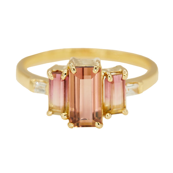 bi color tourmaline baguette diamond Galaxy Ring xiao wang jewelry